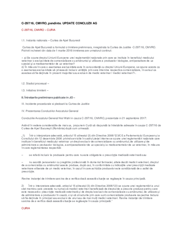 (DOC) Concluziile Avocatului General Nils Wahl in cauza C-297-16, CMVRO ...