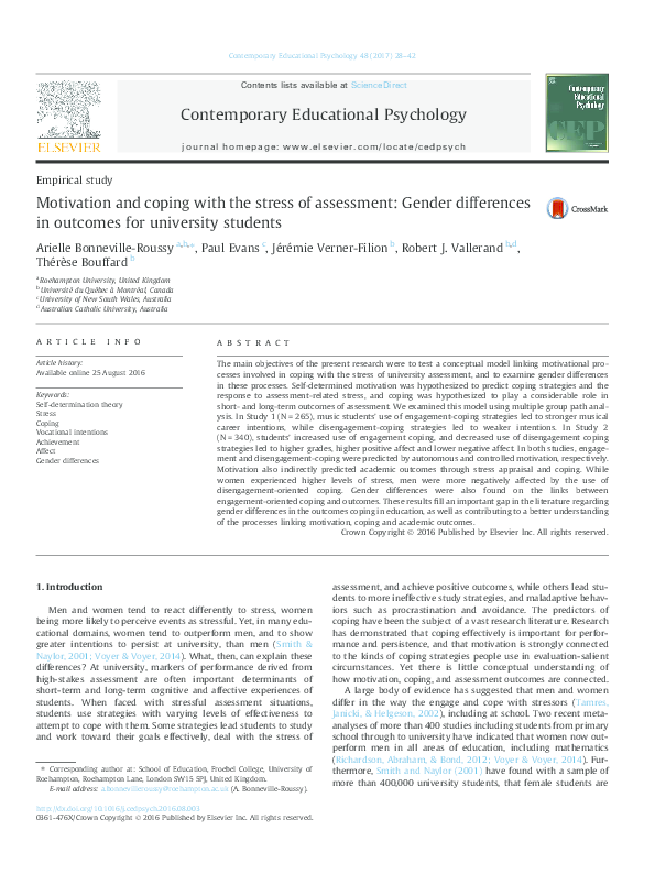 (PDF) Motivation and coping with the stress of assessment: Gender ...