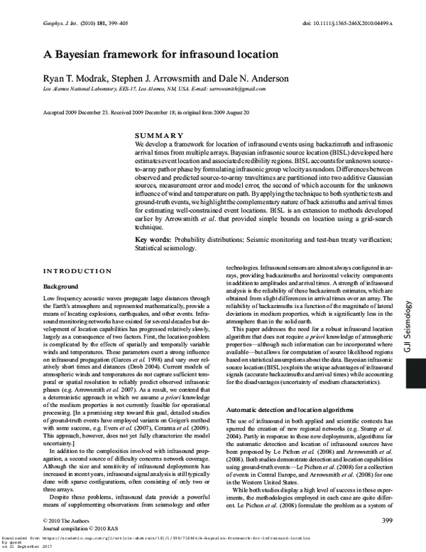 (PDF) A Bayesian framework for infrasound location (Modrak et al 2010)