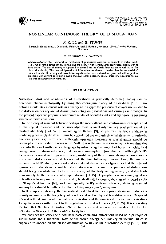 (PDF) Nonlinear continuum theory of dislocations