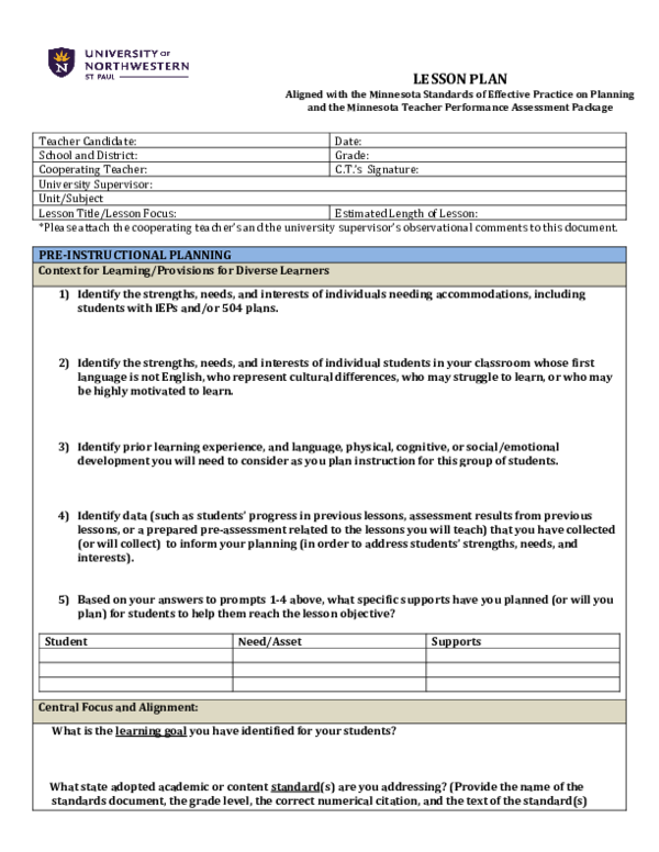 (DOC) LESSON PLAN Aligned with the Minnesota Standards of Effective ...