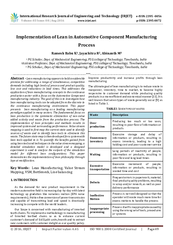 (PDF) Implementation of Lean in Automotive Component Manufacturing Process