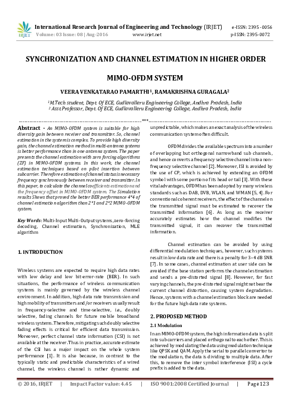 (PDF) SYNCHRONIZATION AND CHANNEL ESTIMATION IN HIGHER ORDER MIMO-OFDM SYSTEM