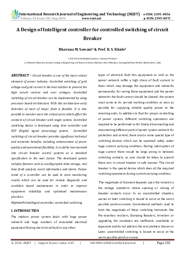 (PDF) A Design of Intelligent controller for controlled switching of ...