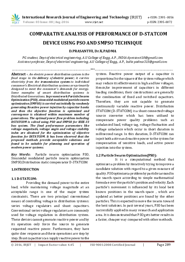Pdf Comparative Analysis Of Performance Of D Statcom Device Using Pso