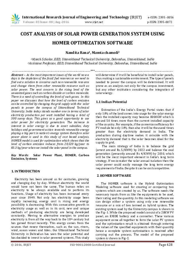 (PDF) COST ANALYSIS OF SOLAR POWER GENERATION SYSTEM USING HOMER OPTIMIZATION SOFTWARE