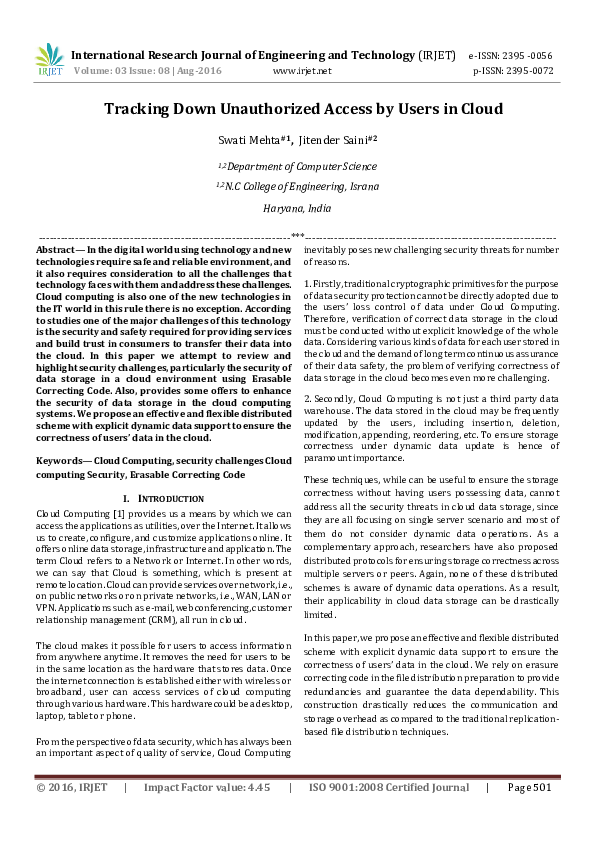 (PDF) Tracking Down Unauthorized Access by Users in Cloud