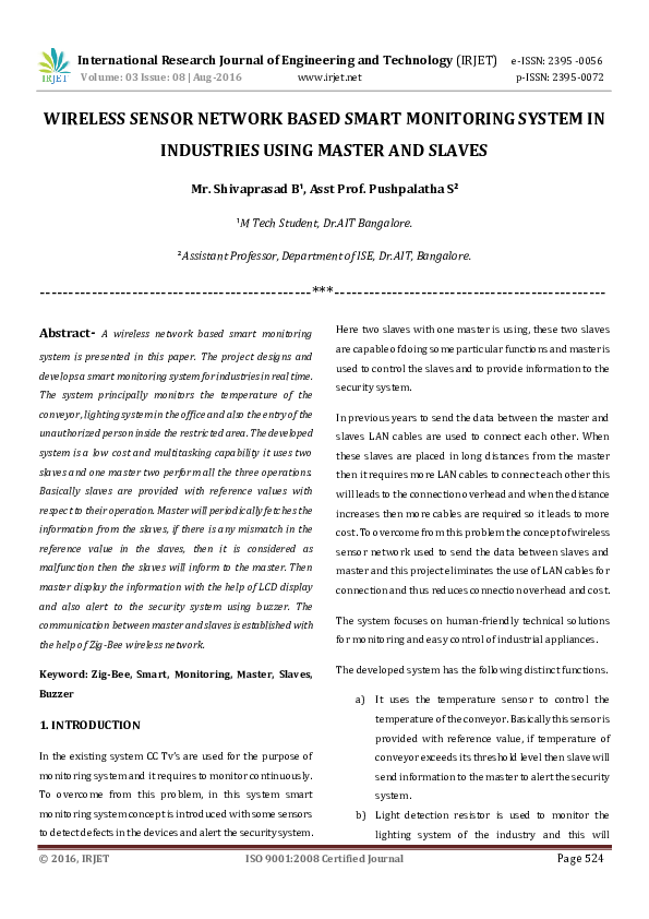 Pdf Wireless Sensor Network Based Smart Monitoring System In Industries Using Master And Slaves
