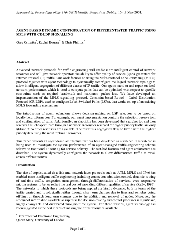 (PDF) Agent-Based Dynamic Configuration of Differentiated Traffic Using MPLS with CR-LDP Signalling