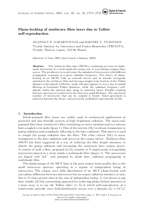 Pdf Phase Locking Of Multicore Fibre Laser Due To Talbot Self Reproduction Dmitry Vysotsky