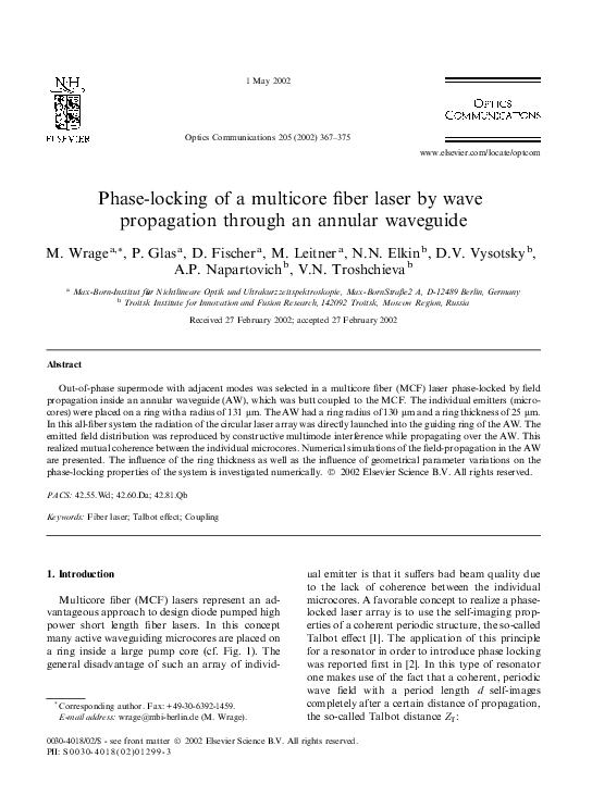 (PDF) Phase-locking of a multicore fiber laser by wave propagation through an annular waveguide