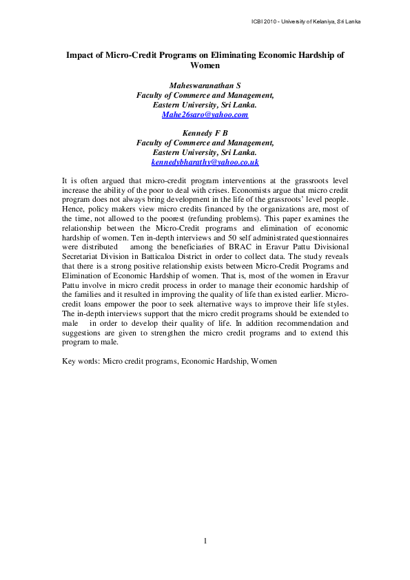 (PDF) Impact of Micro-Credit Programs on Eliminating Economic Hardship ...