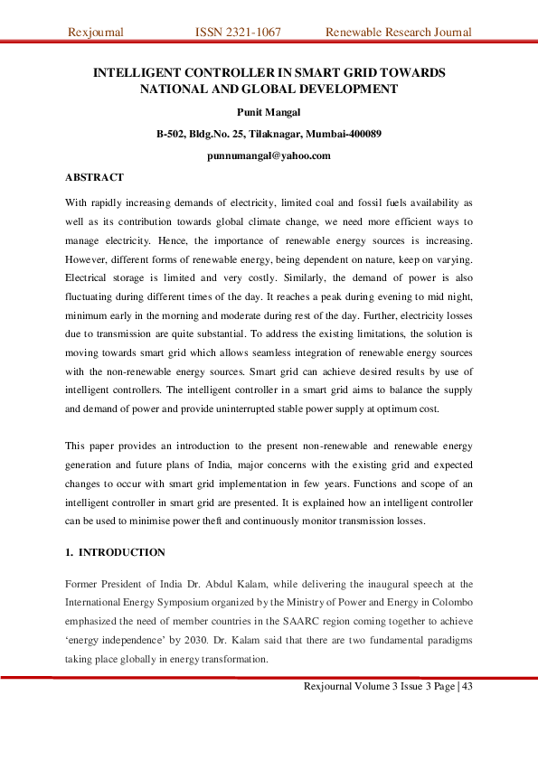 (PDF) INTELLIGENT CONTROLLER IN SMART GRID TOWARDS NATIONAL AND GLOBAL ...
