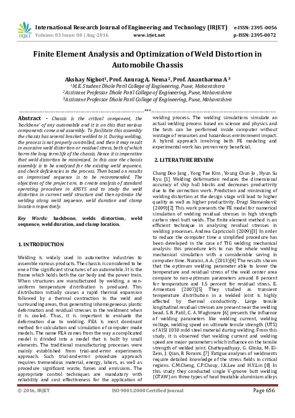 Pdf Finite Element Analysis And Optimization Of Weld Distortion In Automobile Chassis
