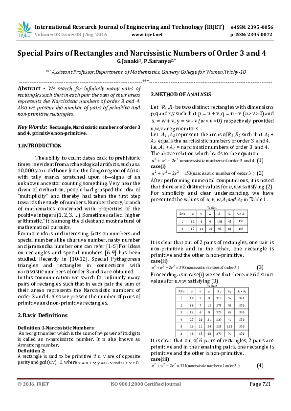 (PDF) Special Pairs of Rectangles and Narcissistic Numbers of Order 3 and 4