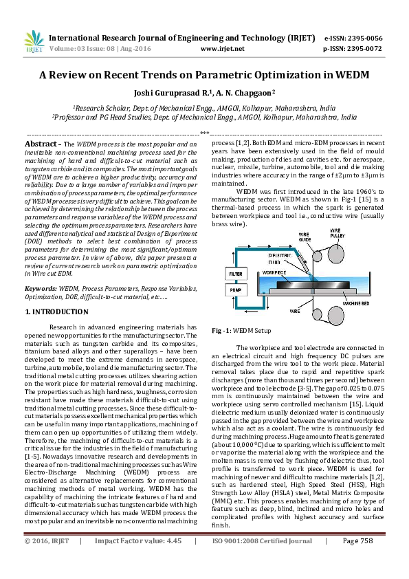 Pdf A Review On Recent Trends On Parametric Optimization In Wedm