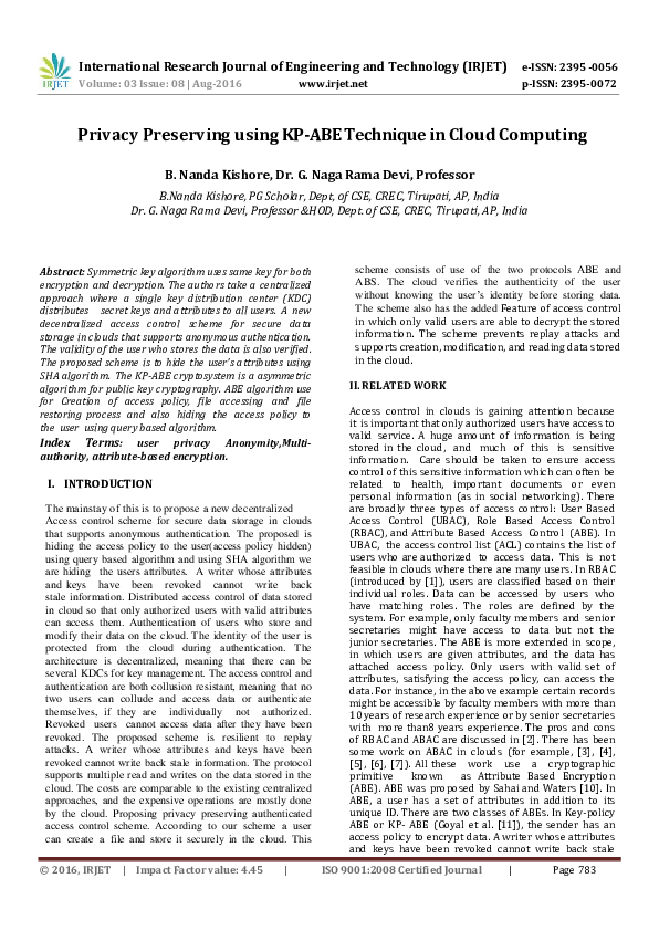Pdf Privacy Preserving Using Kp Abe Technique In Cloud Computing