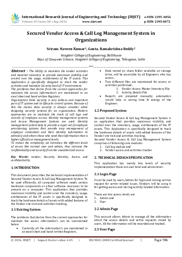 (PDF) Secured Vendor Access & Call Log Management System in Organizations