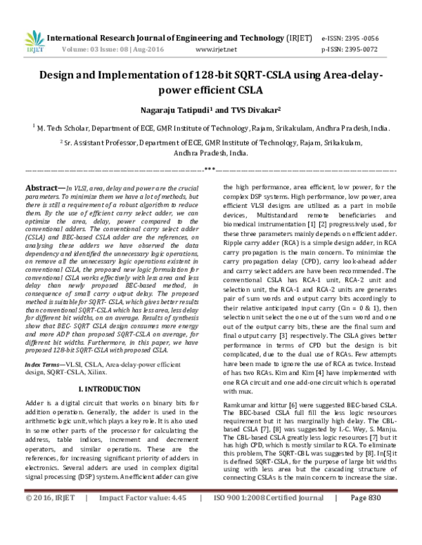 Pdf Design And Implementation Of 128 Bit Sqrt Csla Using Area Delay Power Efficient Csla