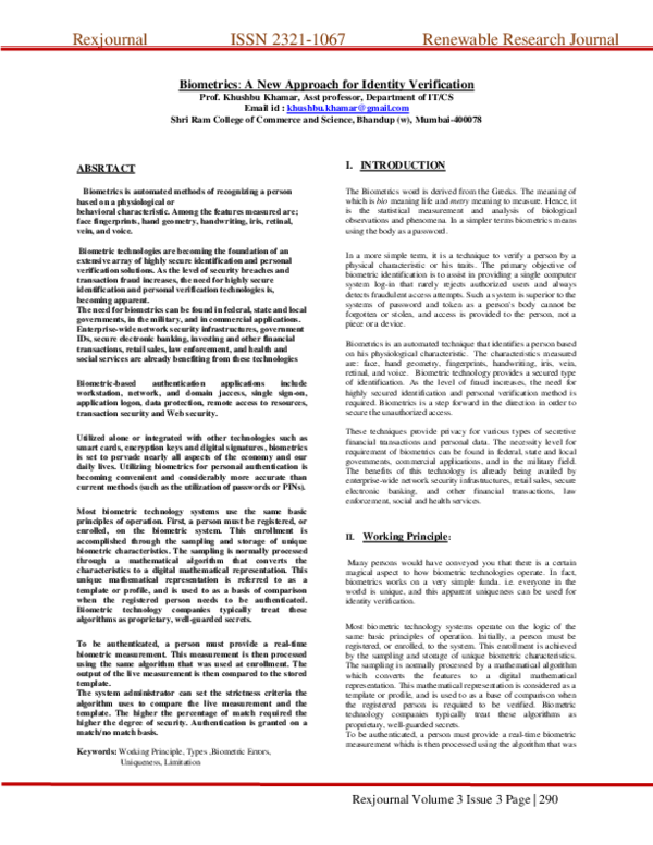 (PDF) Biometrics: A New Approach for Identity Verification