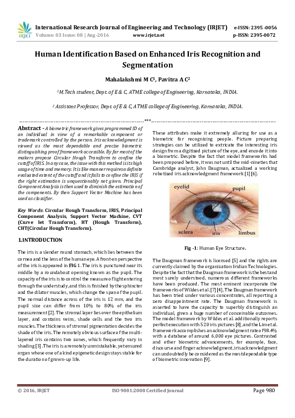 Pdf Human Identification Based On Enhanced Iris Recognition And Segmentation