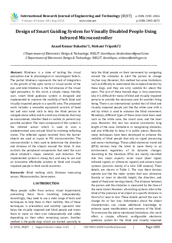 (PDF) Design of Smart Guiding System for Visually Disabled People Using ...