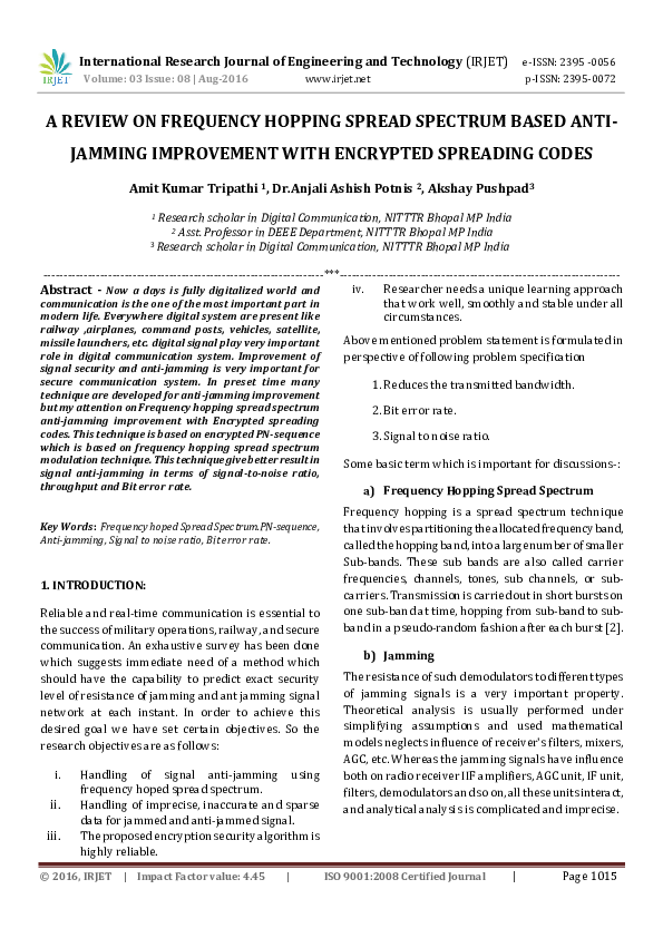 (PDF) A REVIEW ON FREQUENCY HOPPING SPREAD SPECTRUM BASED ANTI- JAMMING IMPROVEMENT WITH ...