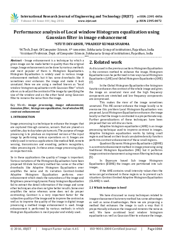 Pdf Performance Analysis Of Local Window Histogram Equalization Using Gaussian Filter In Image