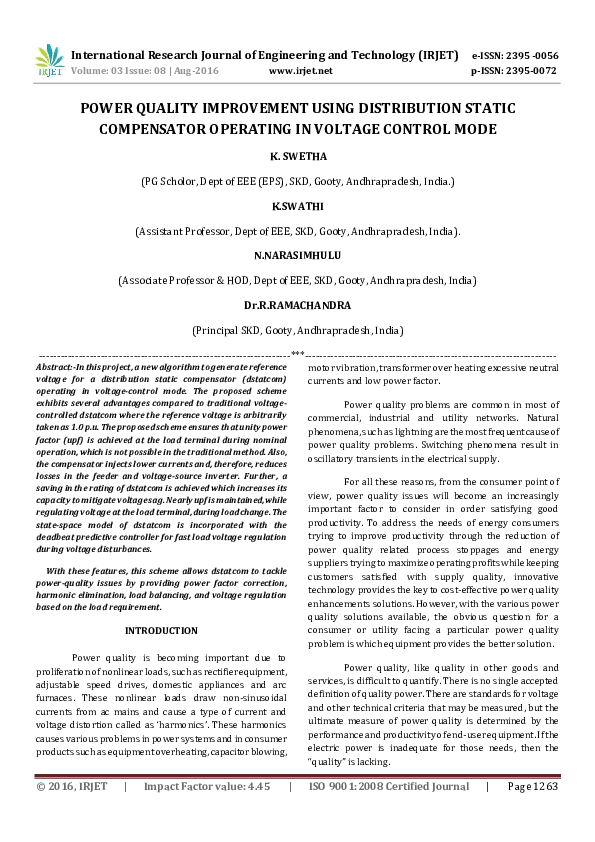 (PDF) Power Quality Improvement Using Distribution Static Compensator Operating in Voltage ...