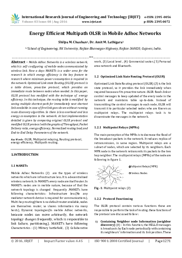 Pdf Energy Efficient Multipath Olsr In Mobile Adhoc Networks