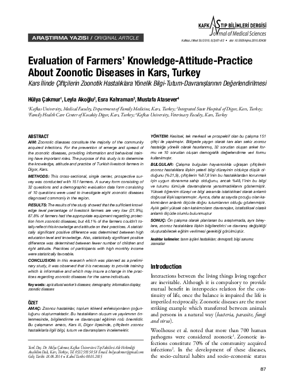 (PDF) Evaluation of Farmers' Knowledge-Attitude-Practice About Zoonotic Diseases in Kars, Turkey