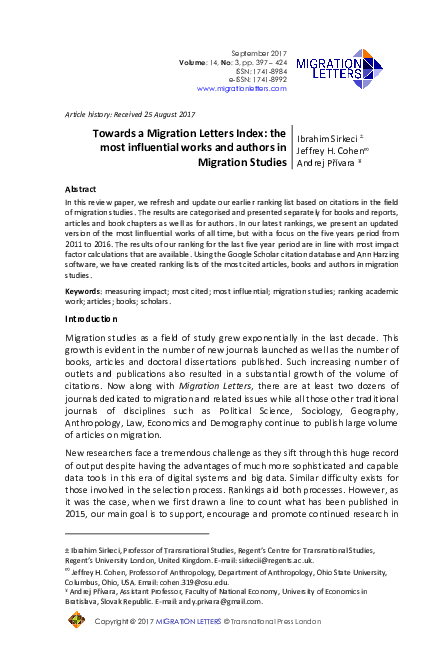 (PDF) Towards a Migration Letters Index: the most influential works and ...