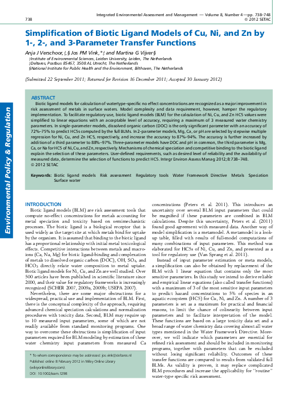 (PDF) Simplification of biotic ligand models of Cu, Ni, and Zn by 1-, 2-, and 3-parameter ...