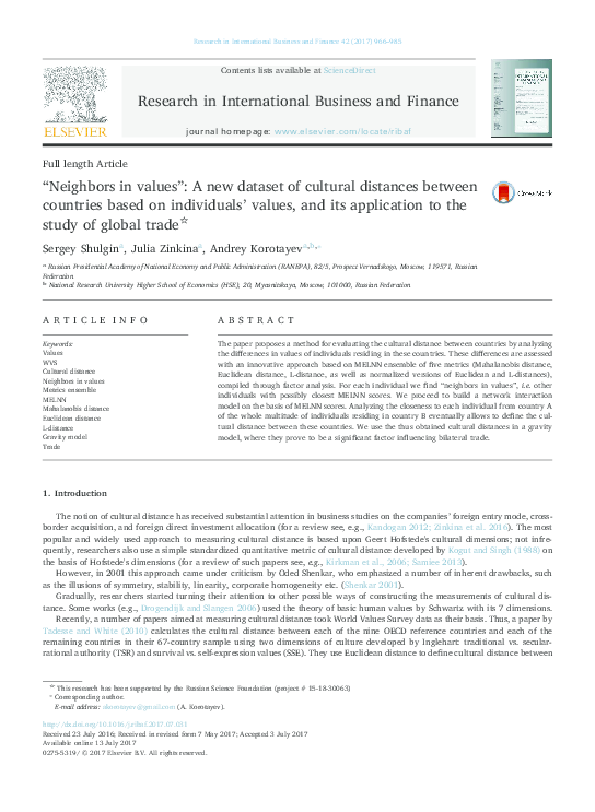 (PDF) " Neighbors in values " : A new dataset of cultural distances ...