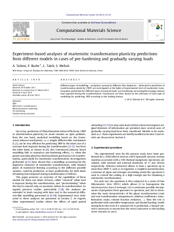 (PDF) Experiment-based analyses of martensitic transformation ...