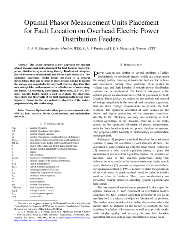 Pdf Optimal Phasor Measurement Units Placement For Fault Location On