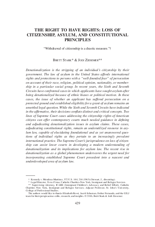 (PDF) THE RIGHT TO HAVE RIGHTS: LOSS OF CITIZENSHIP, ASYLUM, AND ...