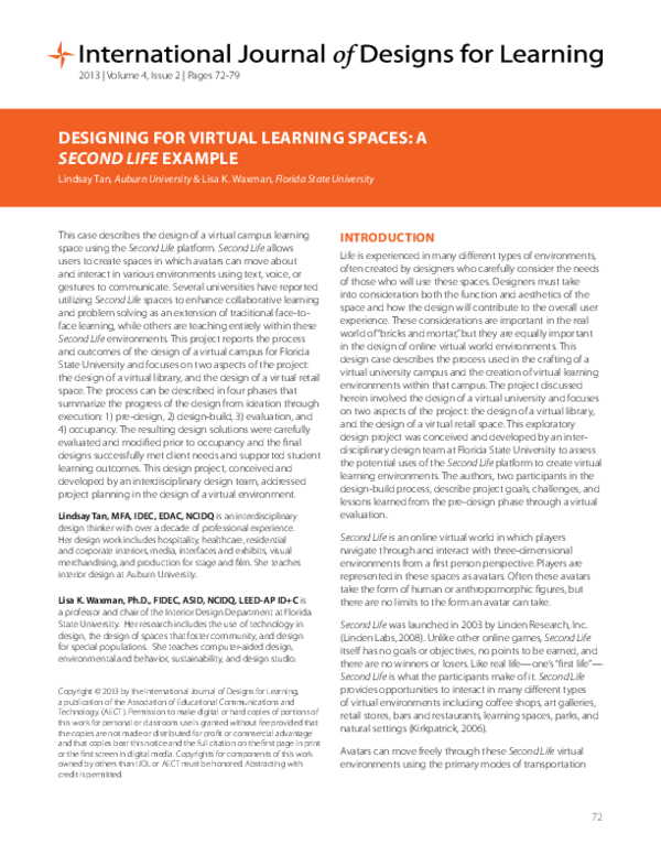(PDF) Designing for Virtual Learning Spaces: A Second Life Example