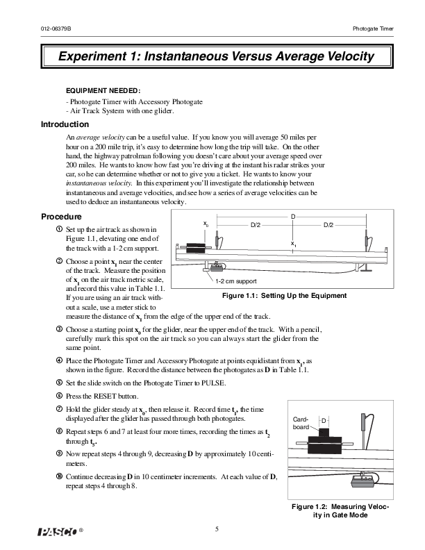 (PDF) 5 ® Experiment 1: Instantaneous Versus Average Velocity x 0 Figure 1.1: Setting Up the ...