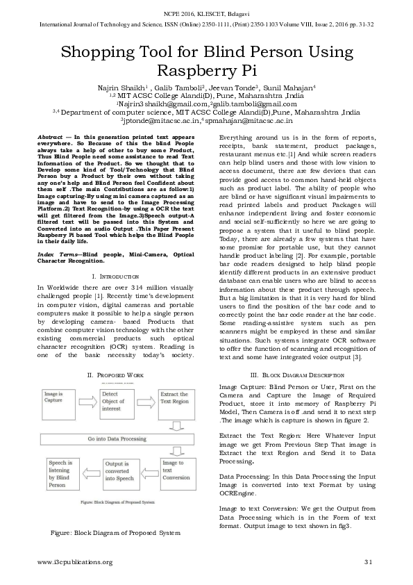 (PDF) Shopping Tool for Blind Person Using Raspberry Pi