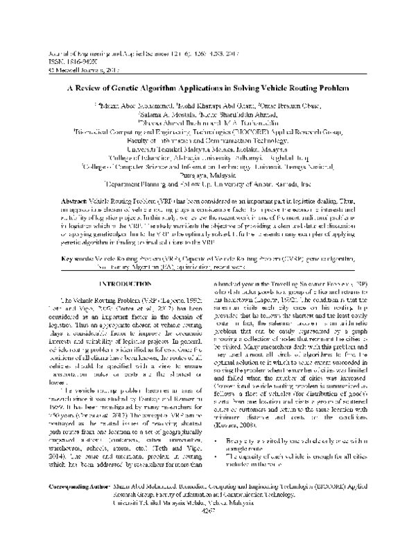 Pdf A Review Of Genetic Algorithm Applications In Solving Vehicle Routing Problem Mazin