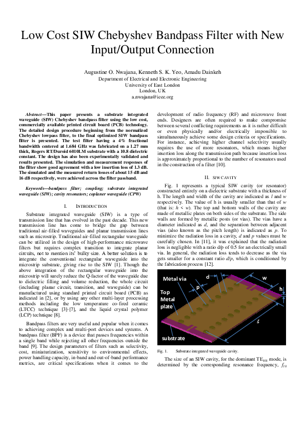 (PDF) Low cost SIW Chebyshev bandpass filter with new input/output ...