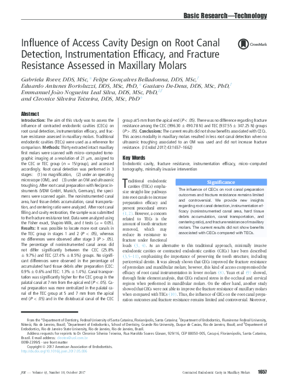 Pdf Influence Of Access Cavity Design On Root Canal Detection Instrumentation Efficacy And