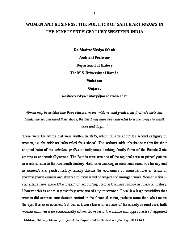 (PDF) WOMEN AND BUSINESS: THE POLITICS OF SAHUKARI PEDHIS IN THE ...