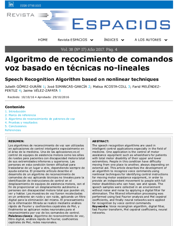 (PDF) Speech Recognition Algorithm based on nonlinear techniques