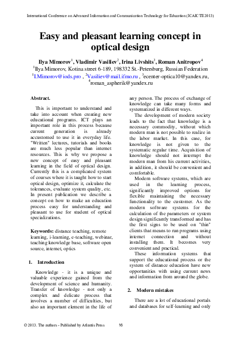 (PDF) Easy and pleasant learning concept in optical design