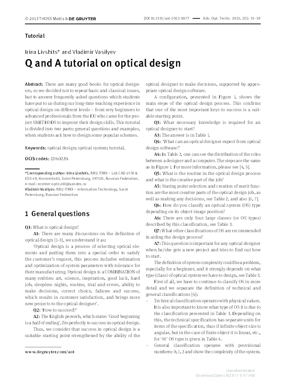 (PDF) Q and A tutorial on optical design