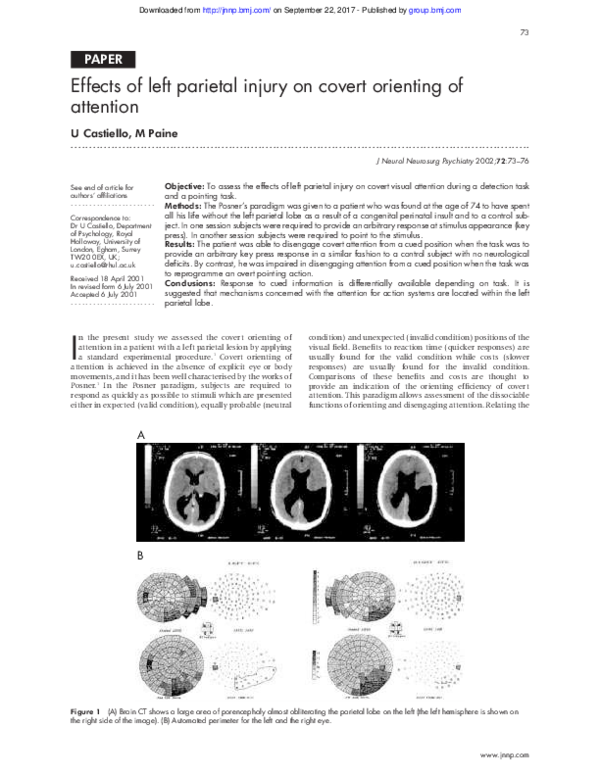 (PDF) Effects of left parietal injury on covert orienting of attention