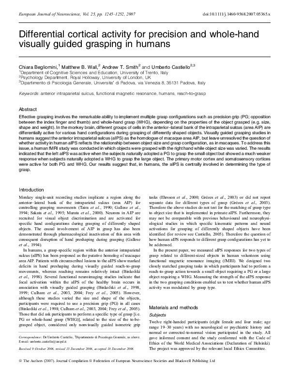 (PDF) Differential Cortical Activity in Precision vs. Whole-Hand Grasping