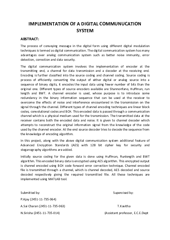 (DOC) IMPLEMENTATION OF A DIGITAL COMMUNUCATION SYSTEM